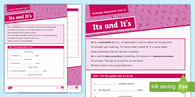 Grammar Homework Week 23 Its and It's 3rd/4th Class