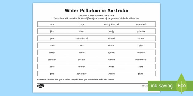 Water Pollution in Australia Odd Word Out Worksheet / Worksheet-Australia
