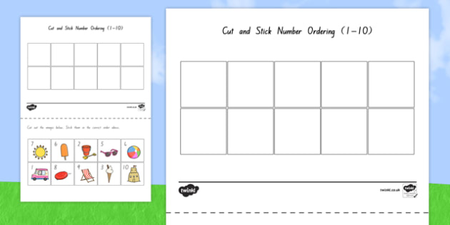 Summer Themed Cut and Stick Number Ordering Sheets 1-10