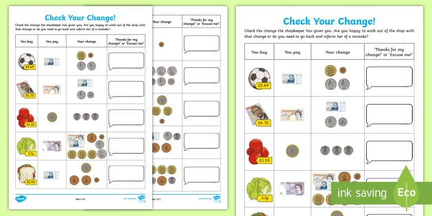 Check Your Change Worksheet / Worksheet - Learning from Home Maths ...