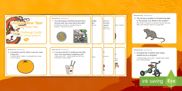 Chinese New Year Maths Word Problems Challenge Cards English/Afrikaans