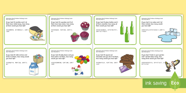 KS1 Subtraction Word Problem Challenge Cards English/Mandarin Chinese - KS1