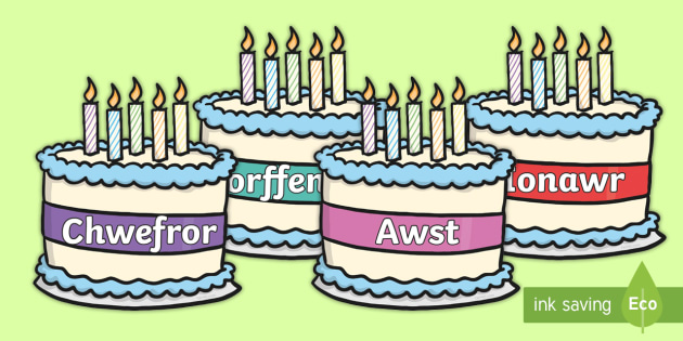 Months of the Year on Birthday Cakes Welsh (teacher made)