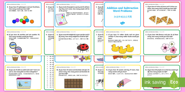 Addition and Subtraction to 100 Word Problem Challenge Cards English ...