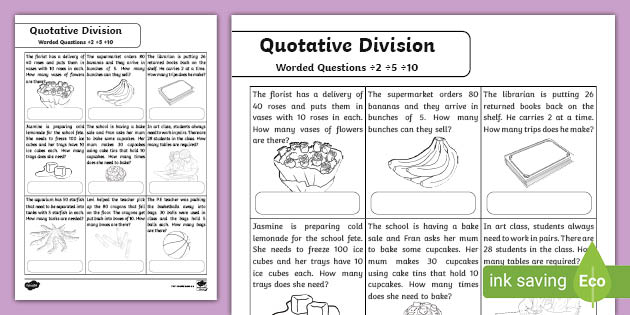 Quotative Division Worded Questions ÷2 ÷5 ÷10