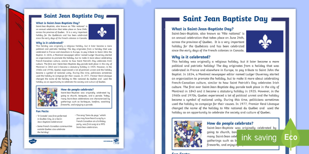 Saint-Jean-Baptiste Day Fact Sheet (Teacher-Made)