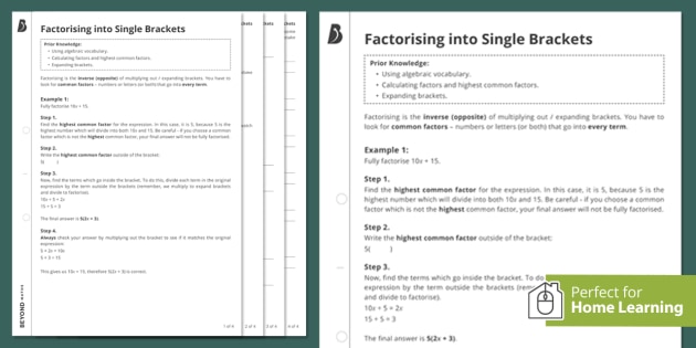 👉 Factorising Worksheet - Home Learning | KS3 Maths | Beyond