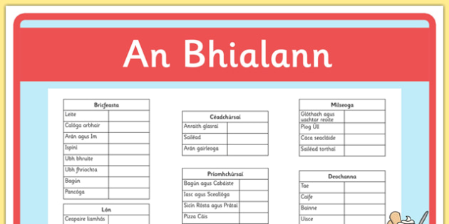 Role Play Waiters Checklist (Biachlár) Gaeilge
