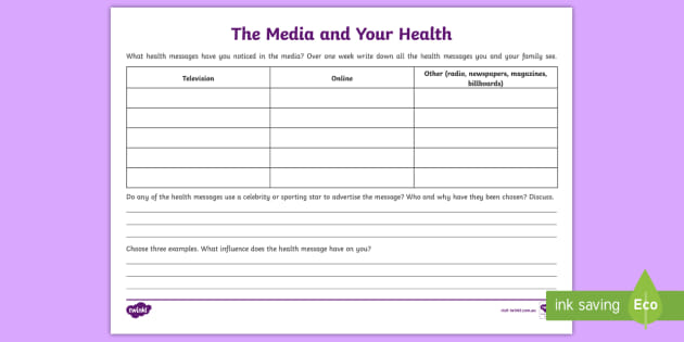 The Media and Your Health Worksheet (teacher made)