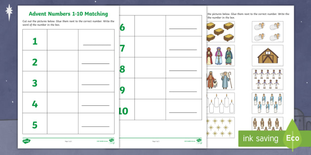 Advent Numbers to 10 Matching Worksheet (teacher made)