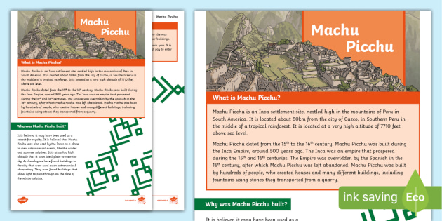 Reading Comprehension Homework Week 21 Machu Picchu 3rd/4th Class
