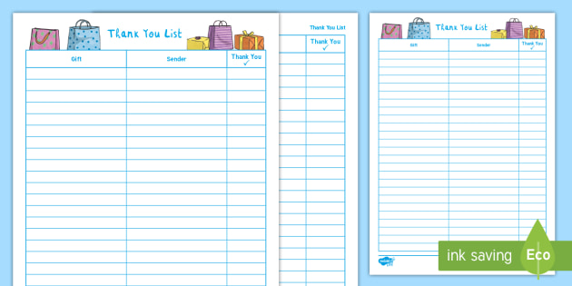Thank You List Worksheet