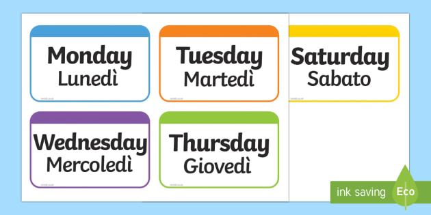 Days of the Week Flashcards English/Italian - Days of the Week Flashcards