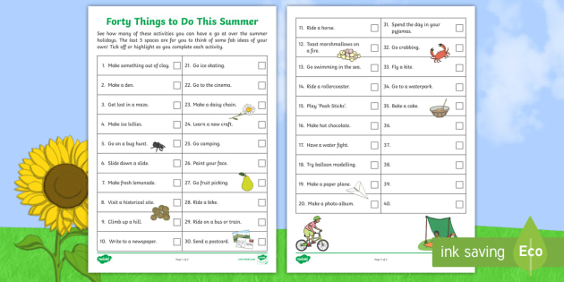 Forty Things to Do This Summer Worksheet / Worksheet