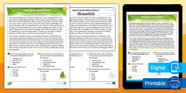 Second Grade Exploring the National Parks: Shenandoah Reading Comprehension