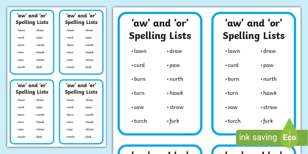 * NEW * 'or' and 'aw' Sound Spelling List Cards