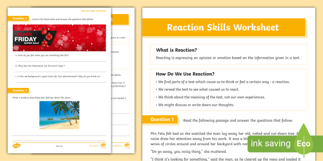 Year 5/6 Reading Comprehension Skills - Reaction Worksheet