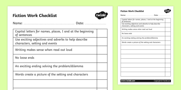 FREE! - Fiction Work Checklist (teacher made)