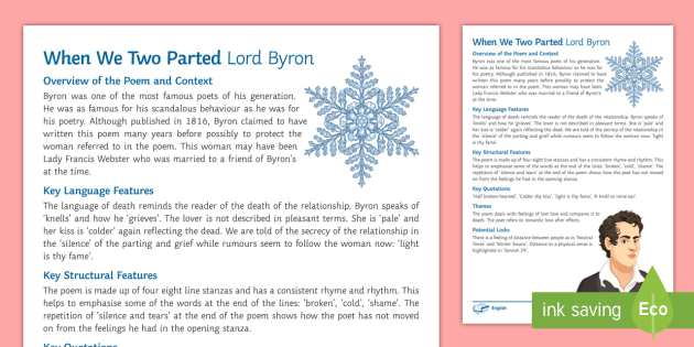 GCSE 'When We Two Parted' by Lord Byron Revision Sheet