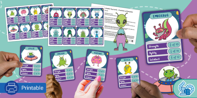 Finding Fractions of Quantities Top Card Game - Space Aliens