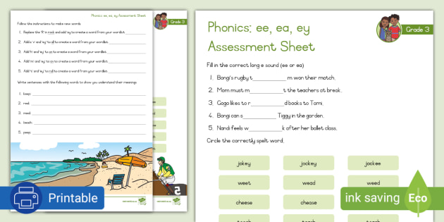 Grade 3 Phonics ee ea ey: Assessment Sheet (Written)