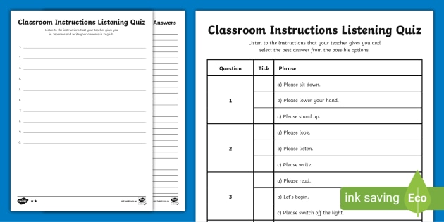 Classroom Instructions Listening Quiz Activity Sheet