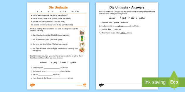 Umlaut KS2 - All About German Umlaute Worksheet