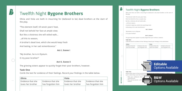 Twelfth Night: Bygone Brothers Worksheet | GCSE Shakespeare