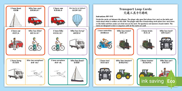 Transport Vocabulary Loop Cards - English/Mandarin Chinese