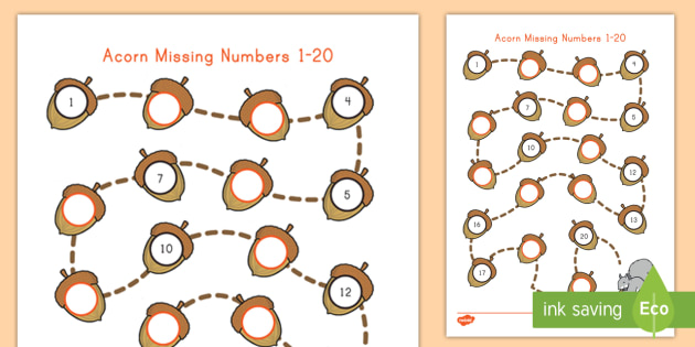 Acorn Missing Numbers 1-20 Worksheet / Activity Sheet - fall