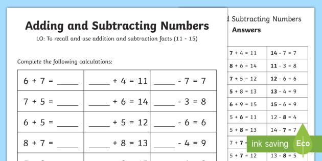 Number Facts Worksheet 11-15 One Digit (teacher made)