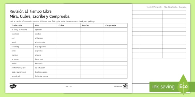 Free Time Look Cover Write and Check Worksheet / Worksheet Spanish