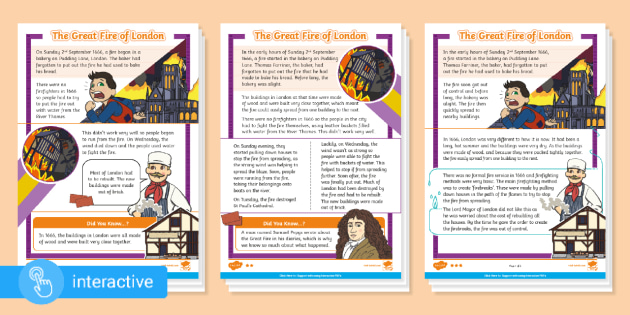 KS1 The Great Fire of London Differentiated Reading Comprehension Activity
