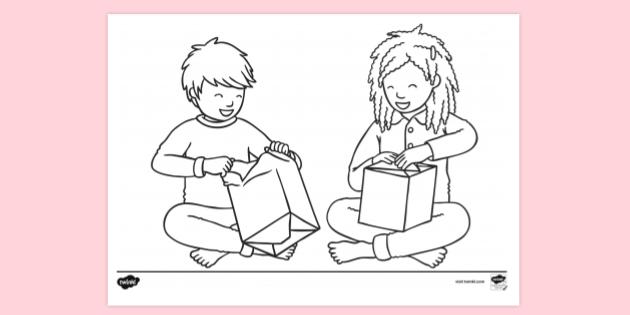 Opening Presents Colouring Sheet | Twinkl Resources