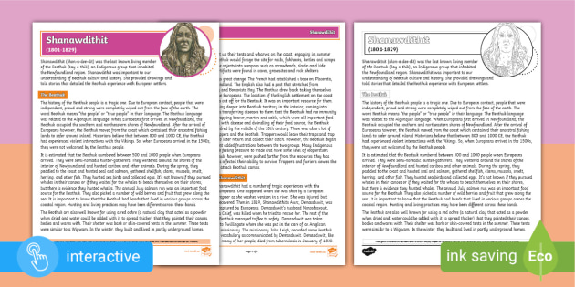 Shanawdithit Remarkable Indigenous People Reading Comp.