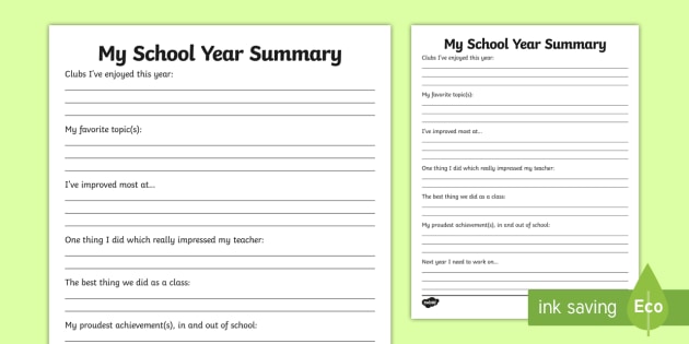 My School Year Summary Worksheet / Worksheet (teacher made)