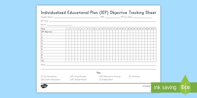 Individualized Educational Plan Objective Tracking Sheet - Student, IEP