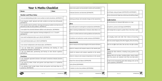 Year 4 Maths Assessment I Can Statements Checklist