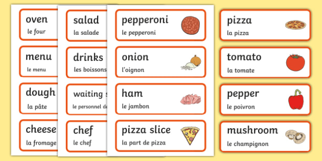 Pizza parlour role play word cards English/French
