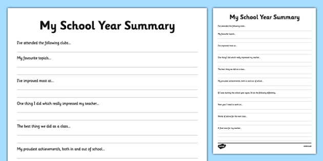 KS2 My School Year Summary Worksheet / Activity Sheet, worksheet