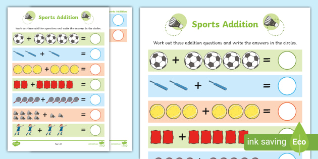 👉 Sports Up to 10 Addition Sheet (teacher made)