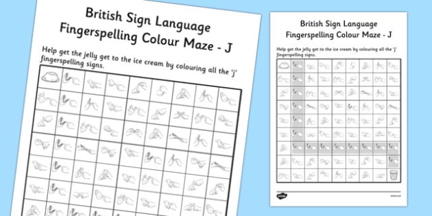 British Sign Language Left Handed Fingerspelling Colour Maze J