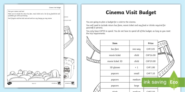 Cinema Visit Budget Worksheet for Switzerland (teacher made)