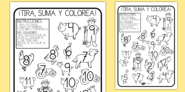 En la granja Ficha de tirar el dado y colorear
