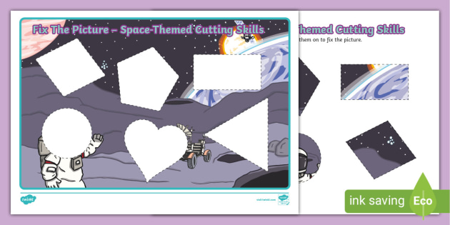 Fix the Picture Space-themed Cutting Skills Worksheet Activity Sheet