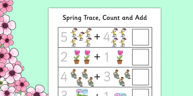 Spring Themed Trace Count and Add Worksheet / Worksheet