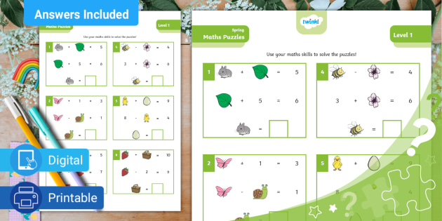 Spring Maths Puzzles - Level 1 Difficulty (teacher made)