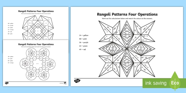 Rangoli Patterns Four Operations to 100 Colour by Number
