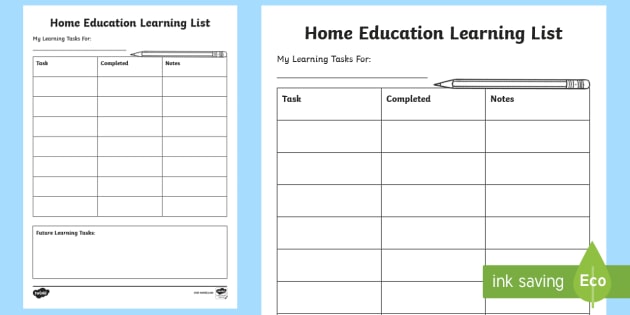 Home Education Learning Checklist (teacher made)