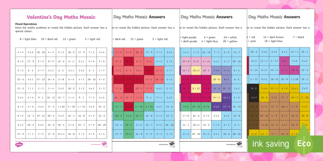 Valentine's Day Themed Mixed Operations Maths Mosaic Activity